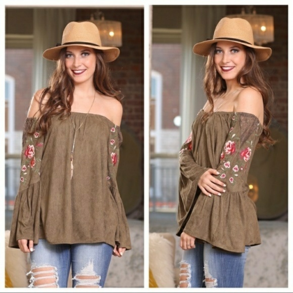 Infinity Raine | Tops | Olive Faux Suede Embroidered Off Shoulder Tunic ...